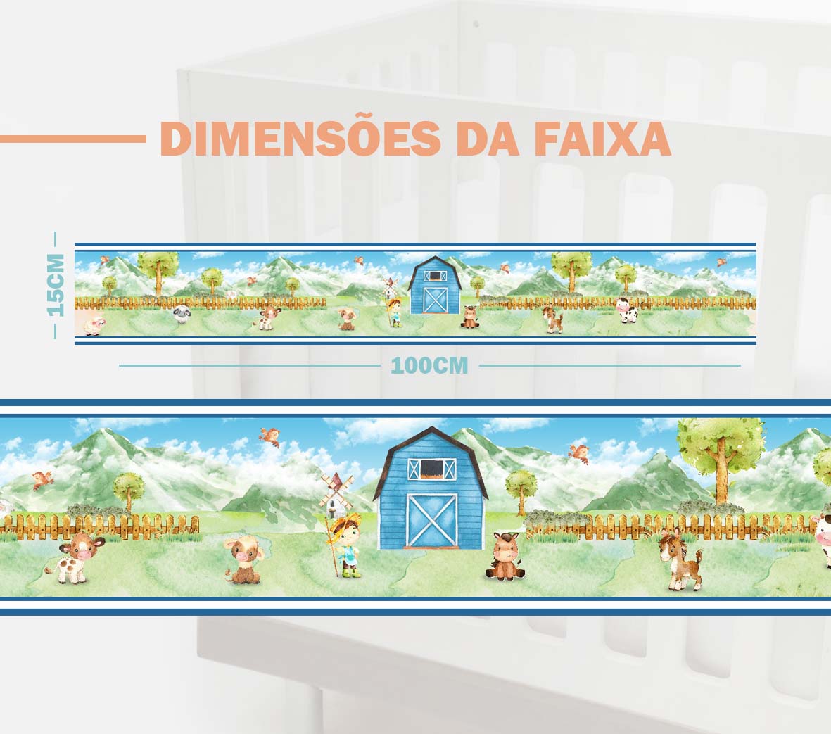 Faixa Decorativa Fazenda azul animais floresta verde infantil bebê