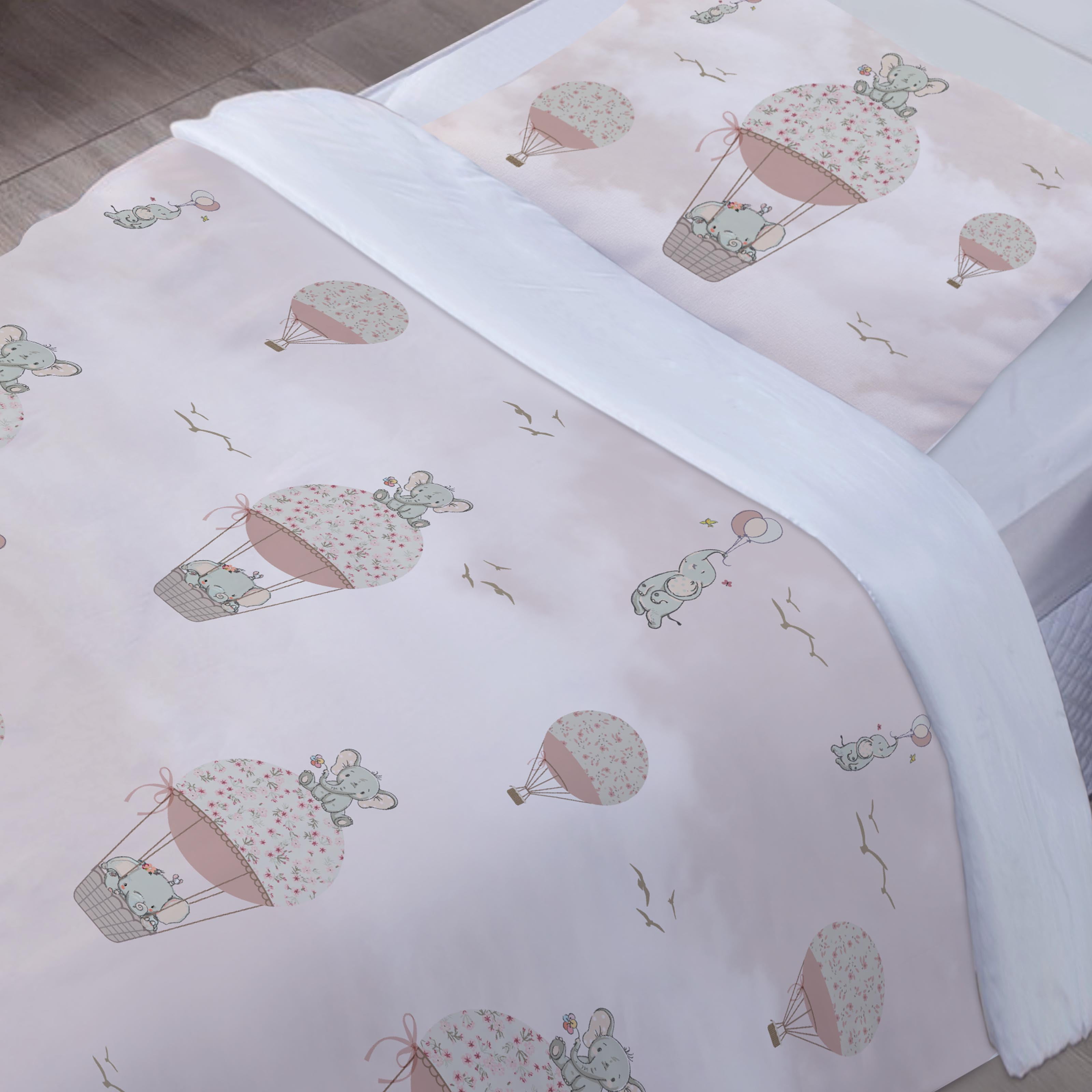 Edredom solteiro infantil balões elefantinho rosa passarinhos feminino