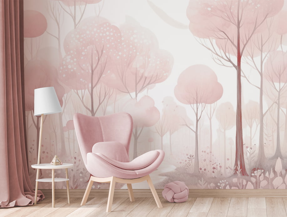 Papel de Parede Infantil Floral arvores flores rosa menina infantil