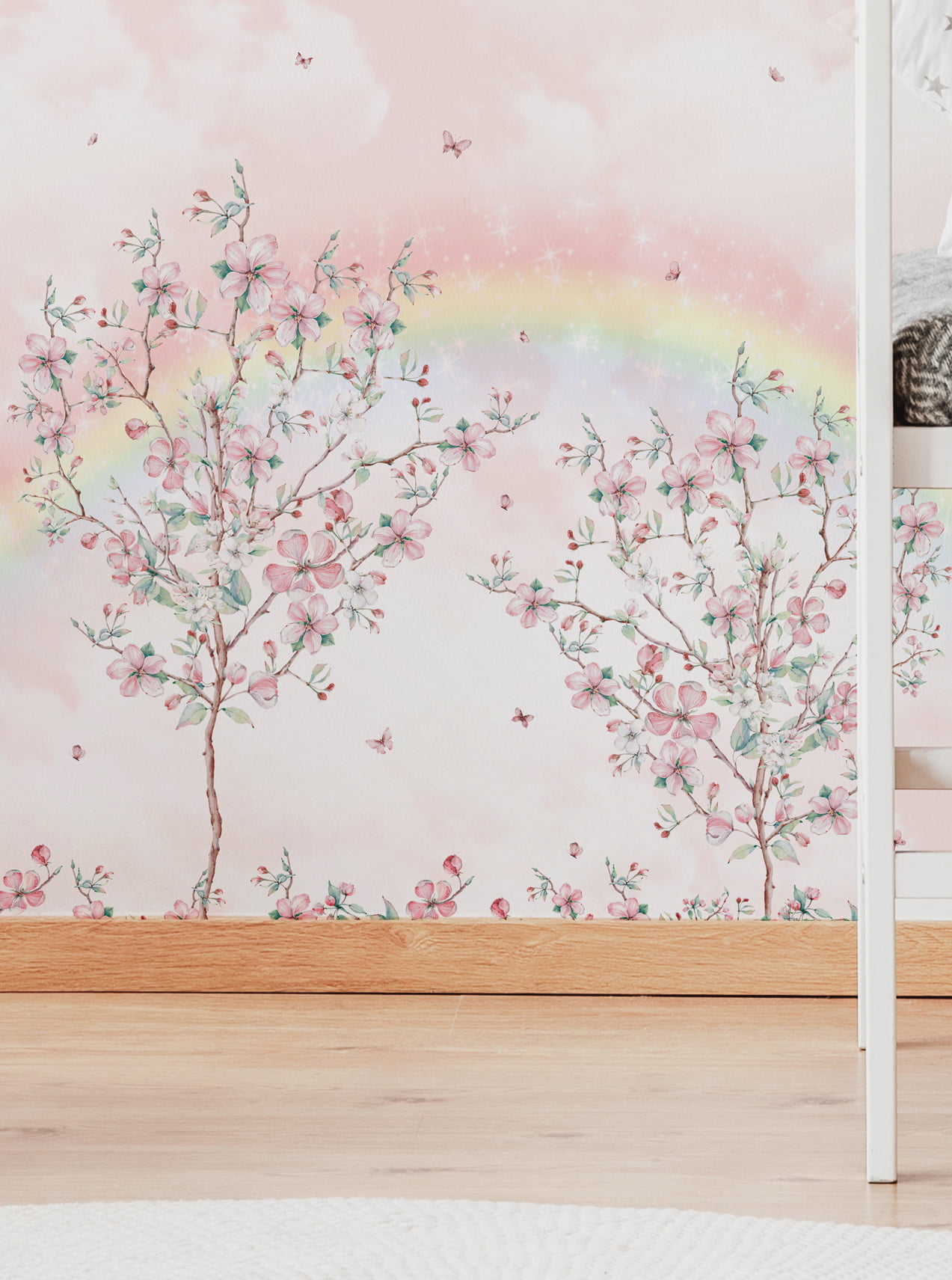 Papel de Parede Infantil Floral Árvores e Arco-Íris Menina