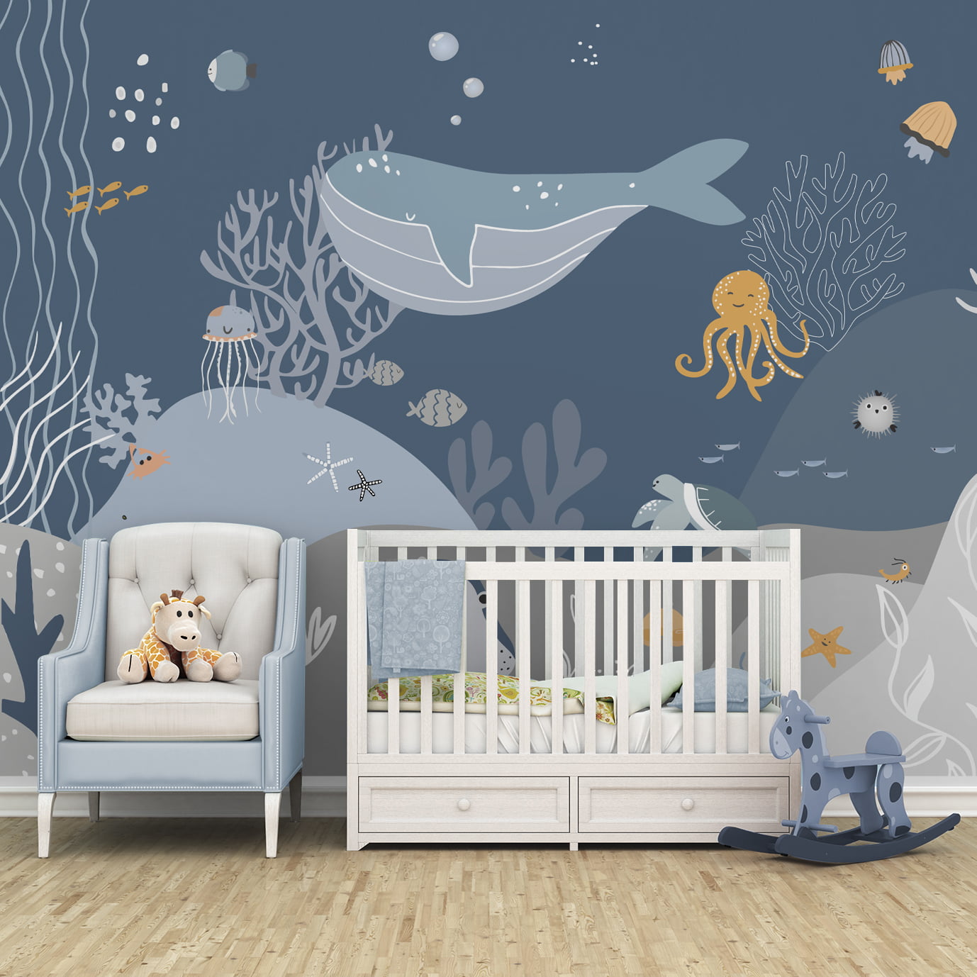 Papel de Parede Infantil Fundo do Mar Baleia Peixinhos Tartaruga e ...