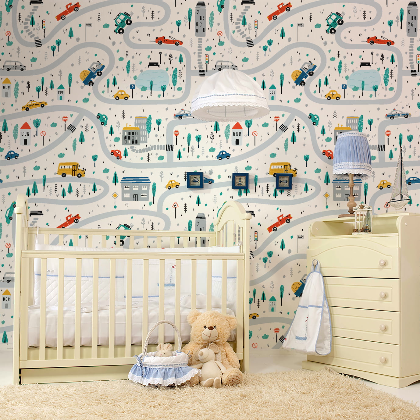 Papel de Parede carros cidade caminhões árvores verdes infantil